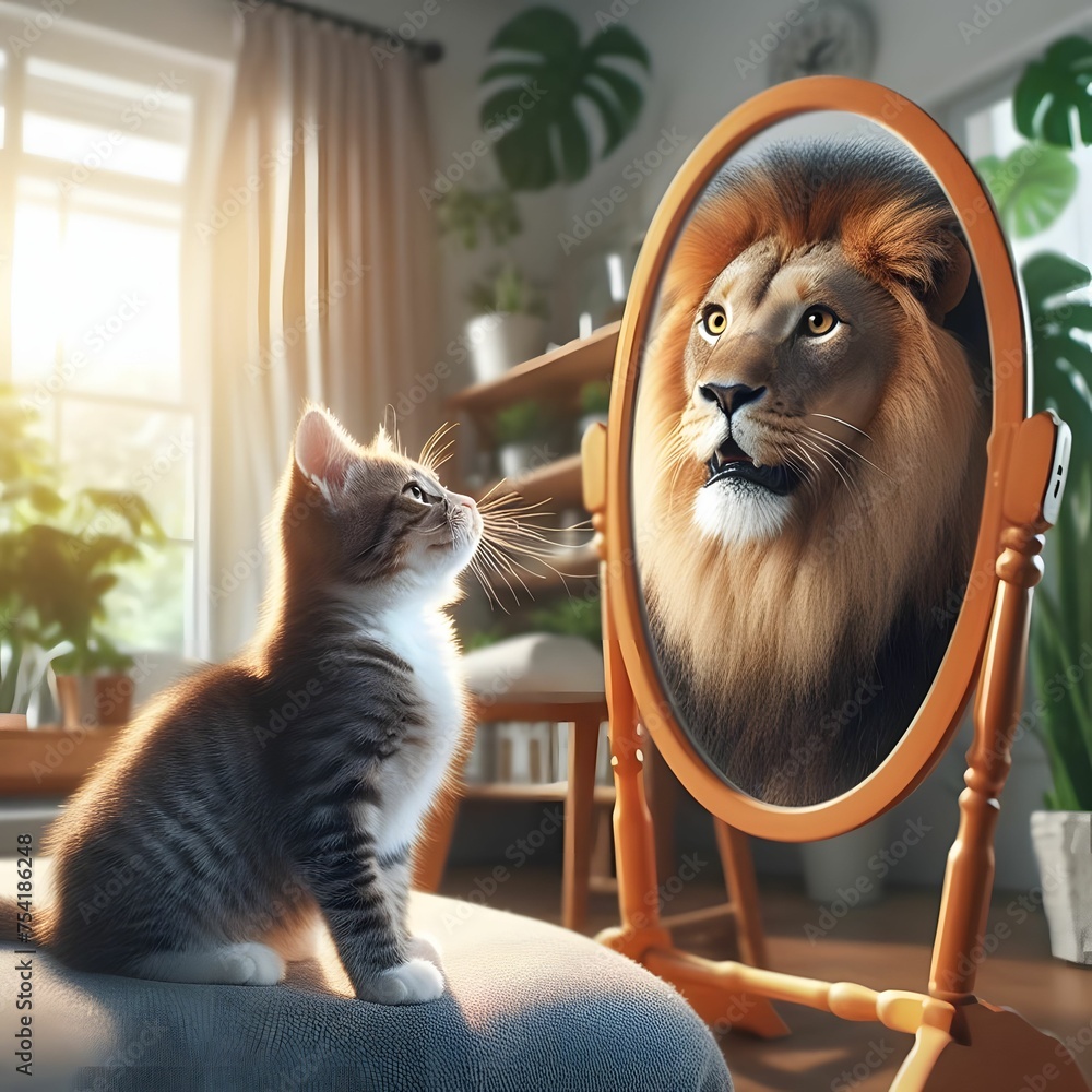 Cat looking at his reflection in a mirror and seeing a lion. Stock ...