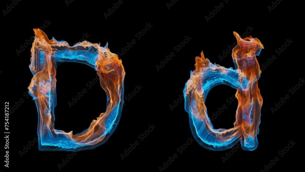 3D letter D appears by fire. Flame, covering the letter, dances bright ...