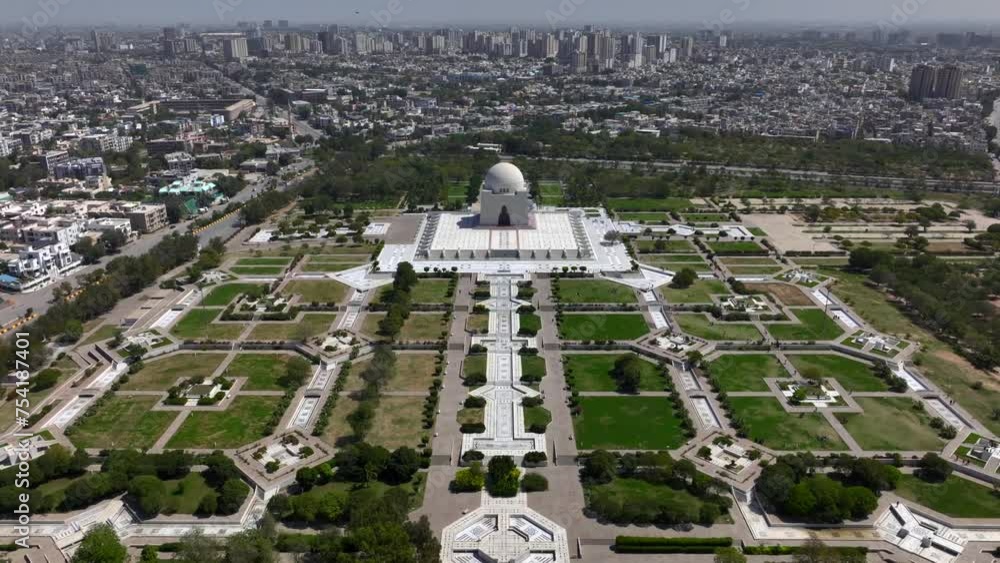 Aerial drone footage of Mazar-e-Quaid also known as tomb of Quaid-e-Azam, landmarks of Karachi ...