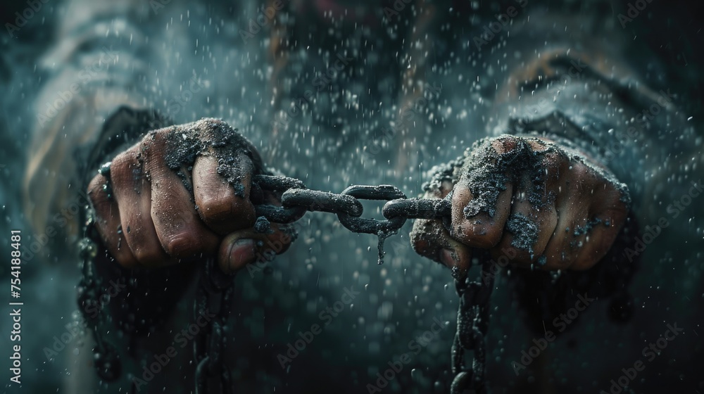Breaking free from the chains of self-deception: hands breaking through chains symbolizing the ...