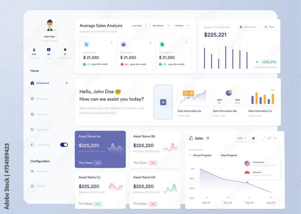 UI UX Infographic dashboard. UI design with graphs, charts and diagrams ...