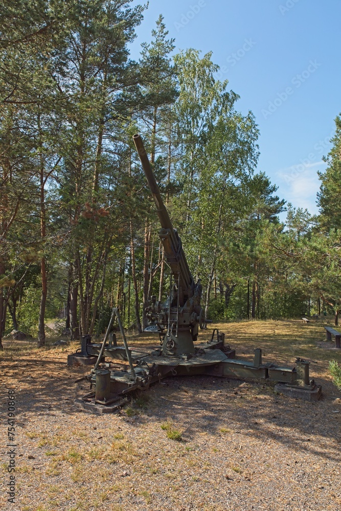 Old WW2 anti-aircraft gun aimed at the sky in forest in summer. Stock ...