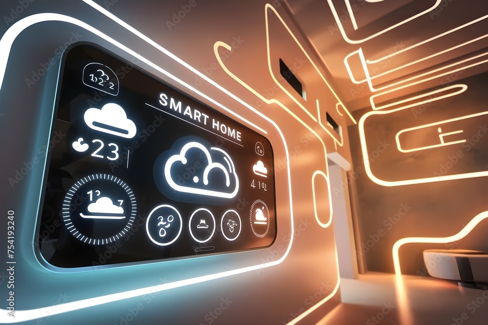 a Smart screen on the wall in smart house showing weather update, smart ...