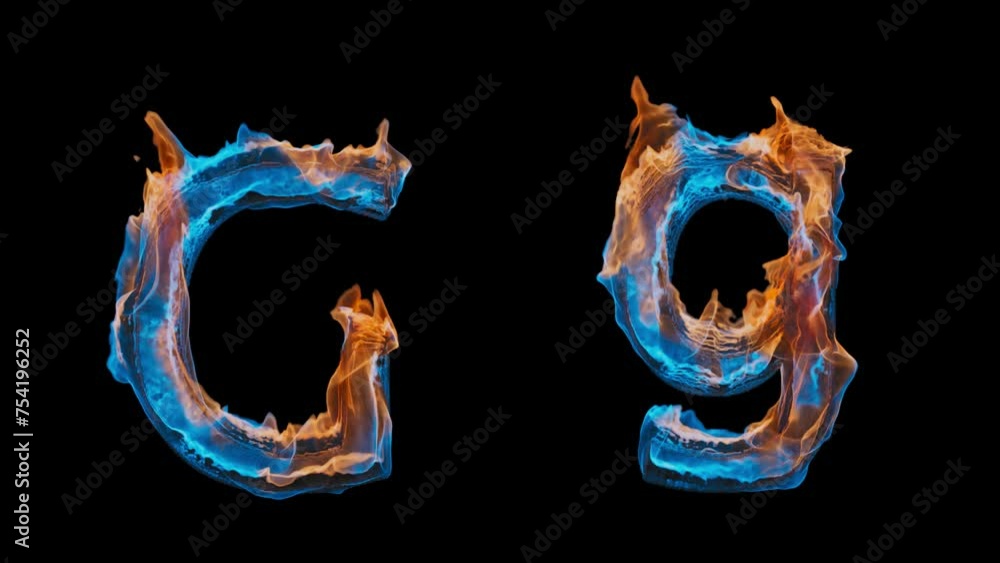 3D letter G appears by fire. Flame, covering the letter, dances bright ...