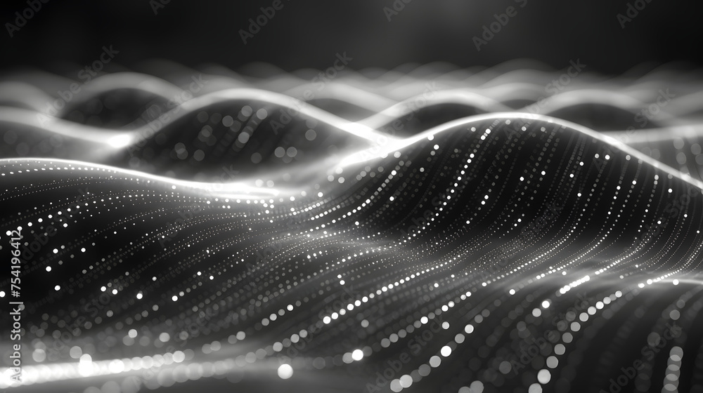 Abstract black tech background with digital waves, dynamic network system, artificial neural ...