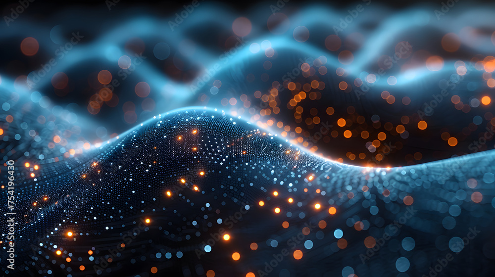 Abstract black tech background with digital waves, dynamic network system, artificial neural ...