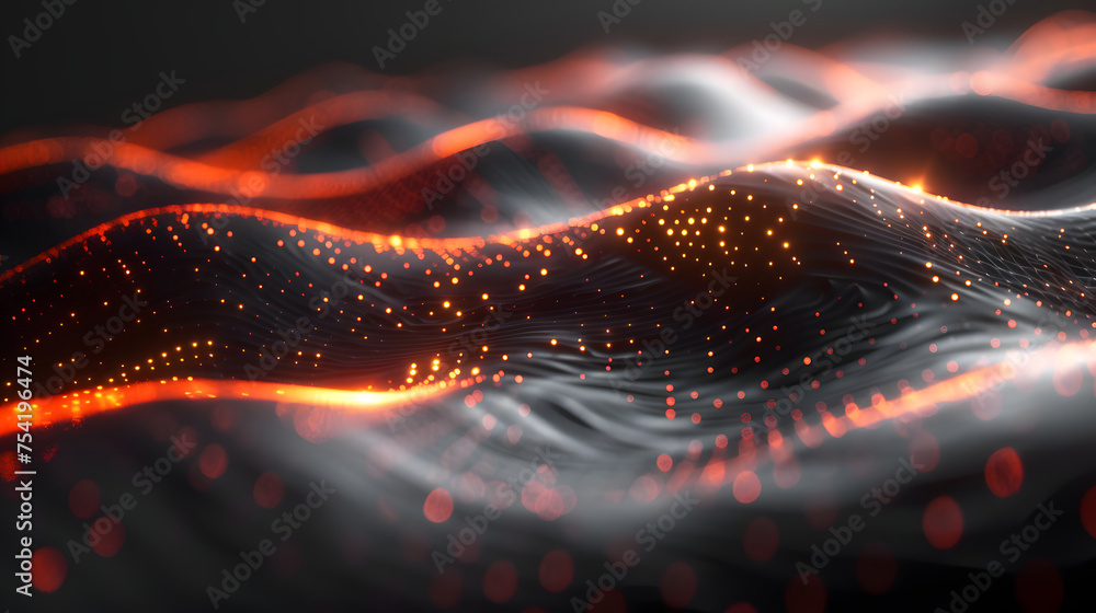 Abstract black tech background with digital waves, dynamic network system, artificial neural ...