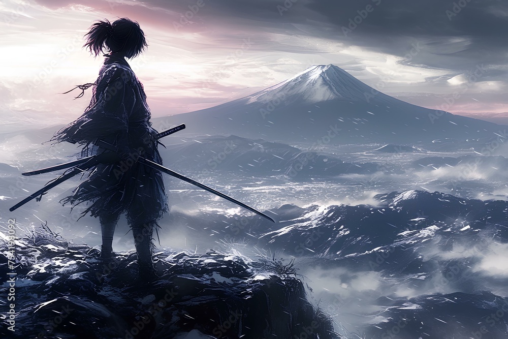 Female samurai, standing on a japanese mountain, wind blowing her hair ...