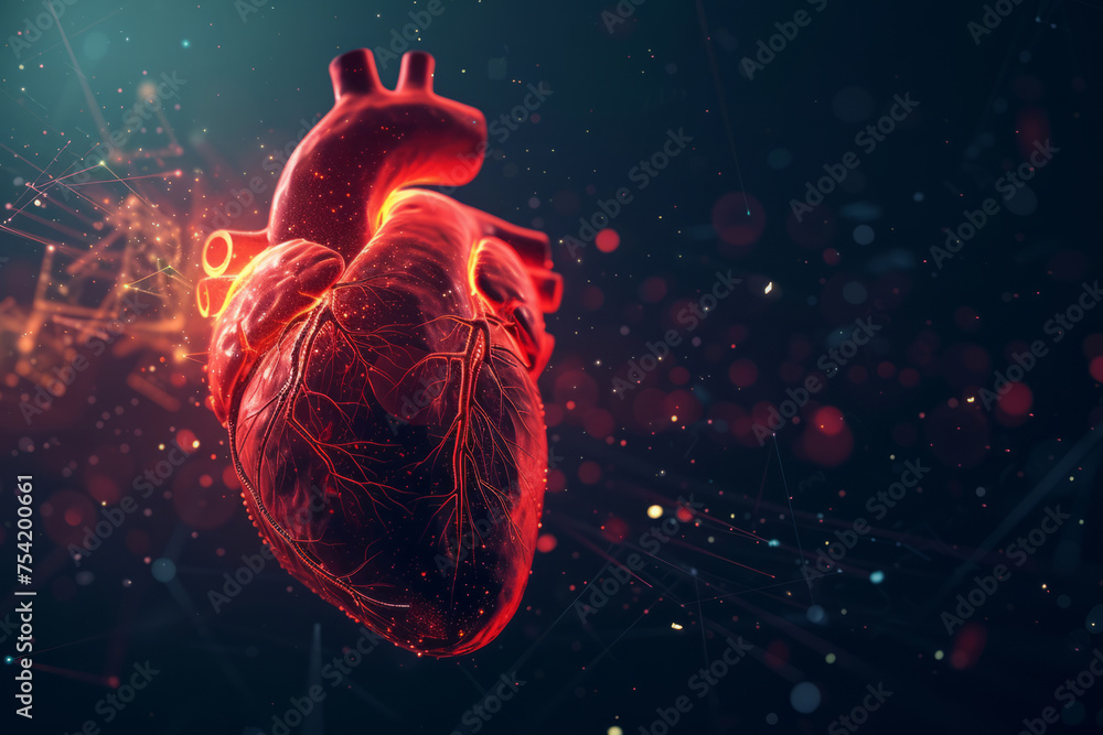 Red heart with cardiogram and glowing lines on a beautiful background ...