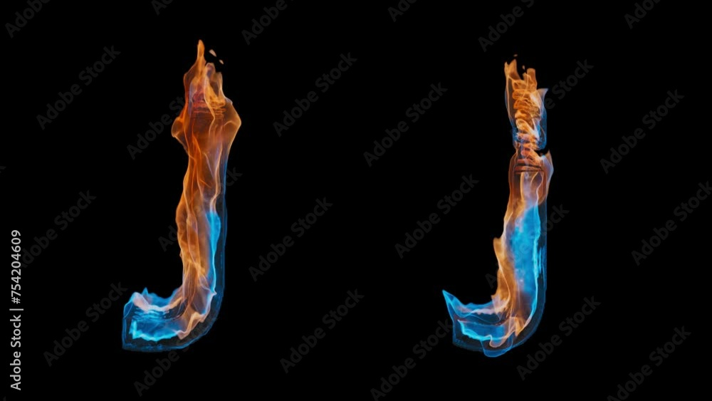 3D letter J appears by fire. Flame, covering the letter, dances bright ...