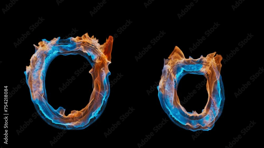 3D letter O appears by fire. Flame, covering the letter, dances bright ...
