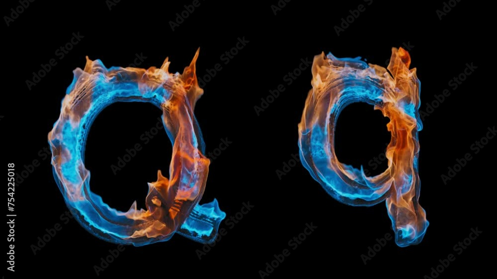 3D letter Q appears by fire. Flame, covering the letter, dances bright ...