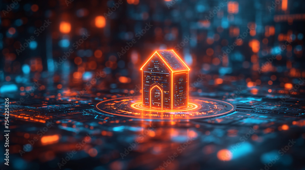 The house in a digital neon circle. digital technology and construction ...