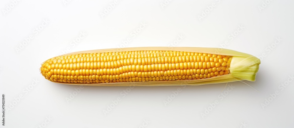 A single ear of corn is placed on a plain white background. The corn is ...