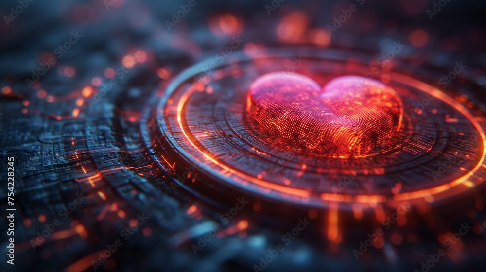 The love heart in a digital neon circle. digital technology and love ...