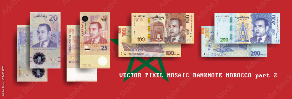Vector set pixel mosaic banknotes of Morocco. Notes in denominations of ...