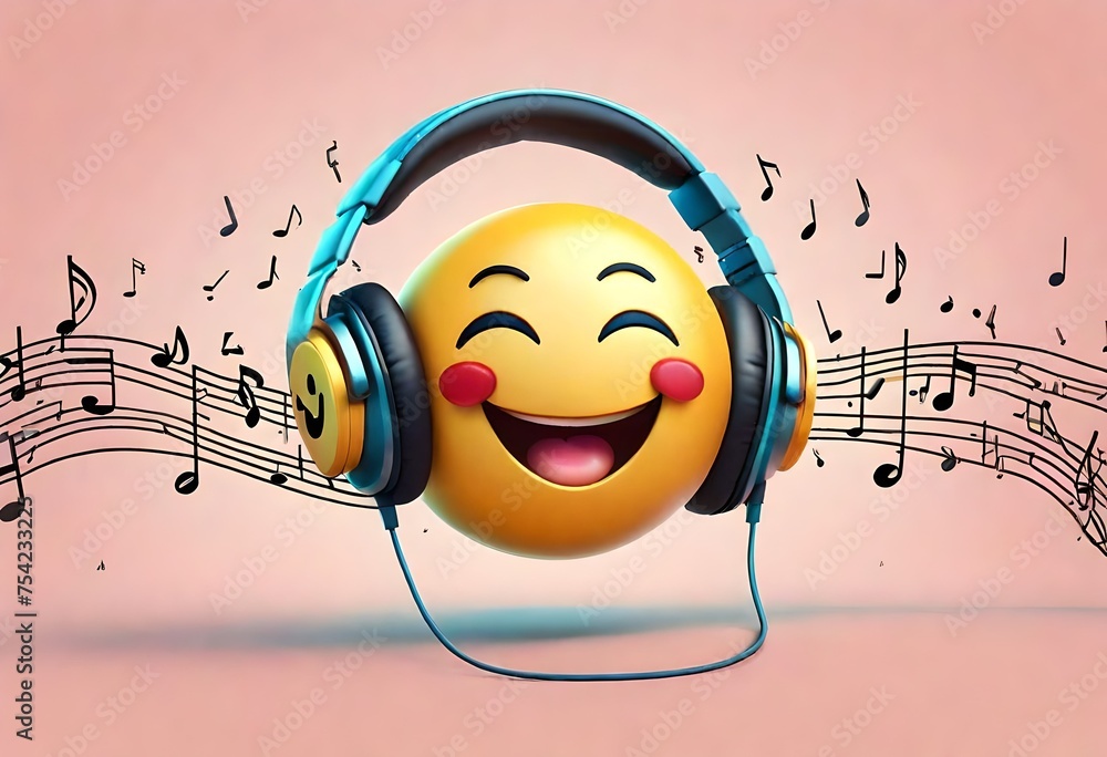 cute emoji listening to music happily, emoji wearing headphones on pink ...