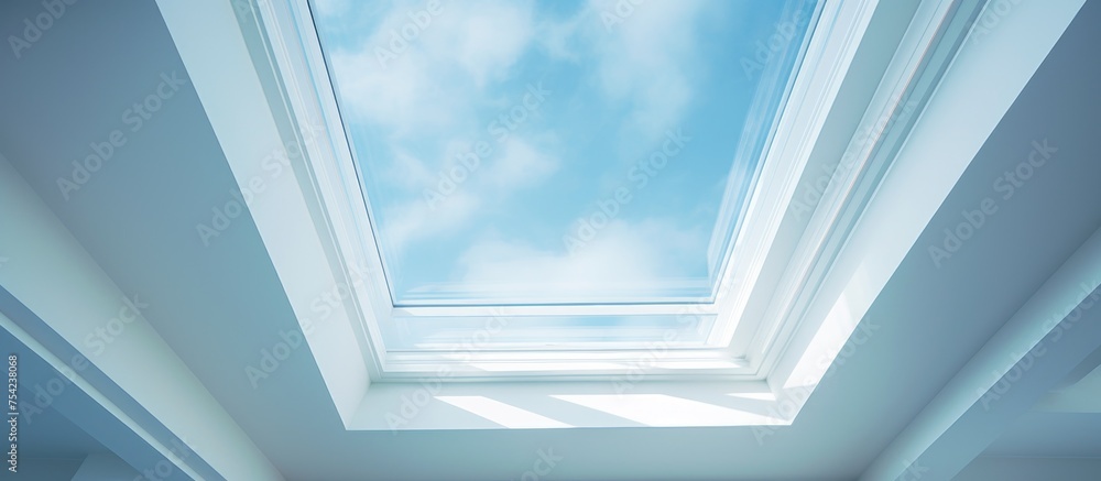 A bathroom with a skylight in the ceiling, allowing natural light to ...