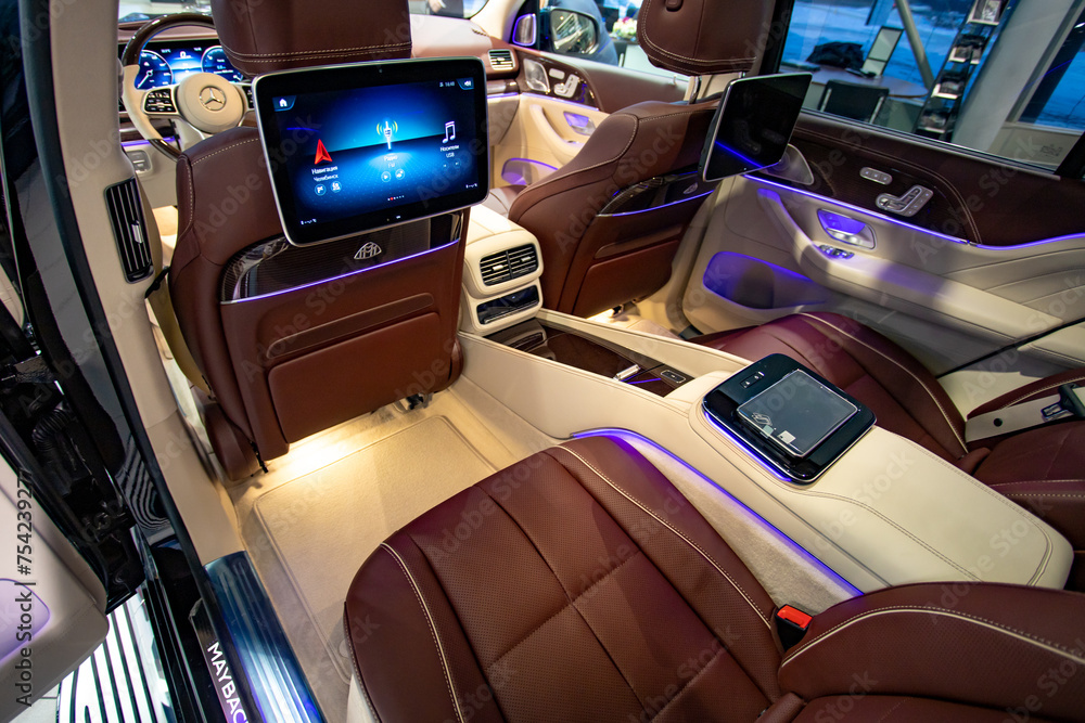 interior of a modern car Mercedes Maybach GLS detail logo luxury Stock ...