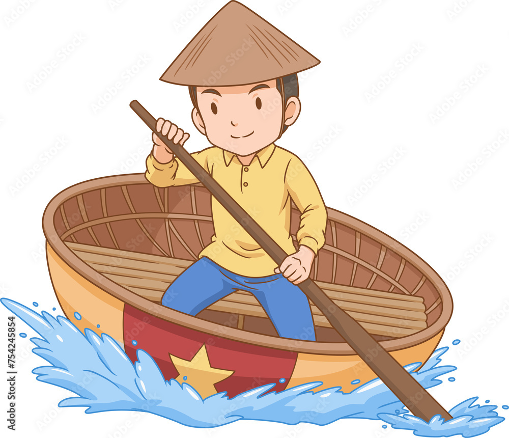 Cartoon man rowing a basket boat which is made from bamboo woven into a ...