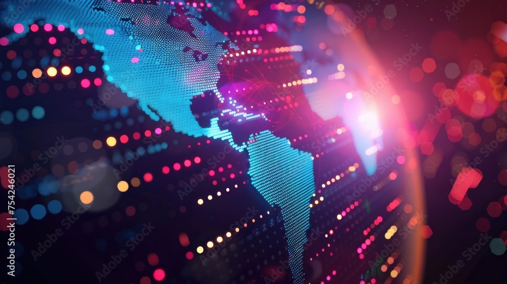 A dynamic, digital world map overlaid with futuristic network lines and ...