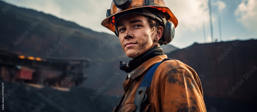 A man in a firemans uniform stands confidently in front of a majestic ...