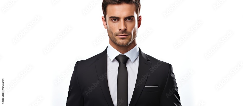 A well-dressed man in a black suit and tie standing confidently on a ...