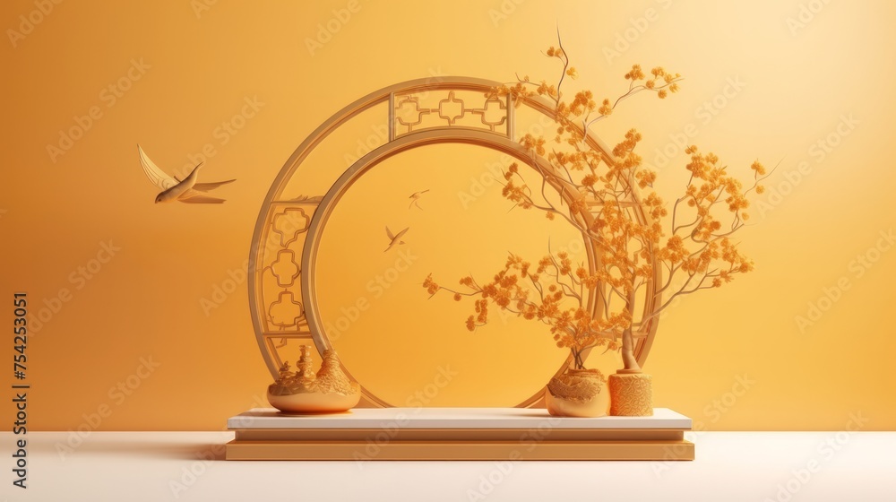 japanese style minimal abstract background.stone podium and bonsai with ...