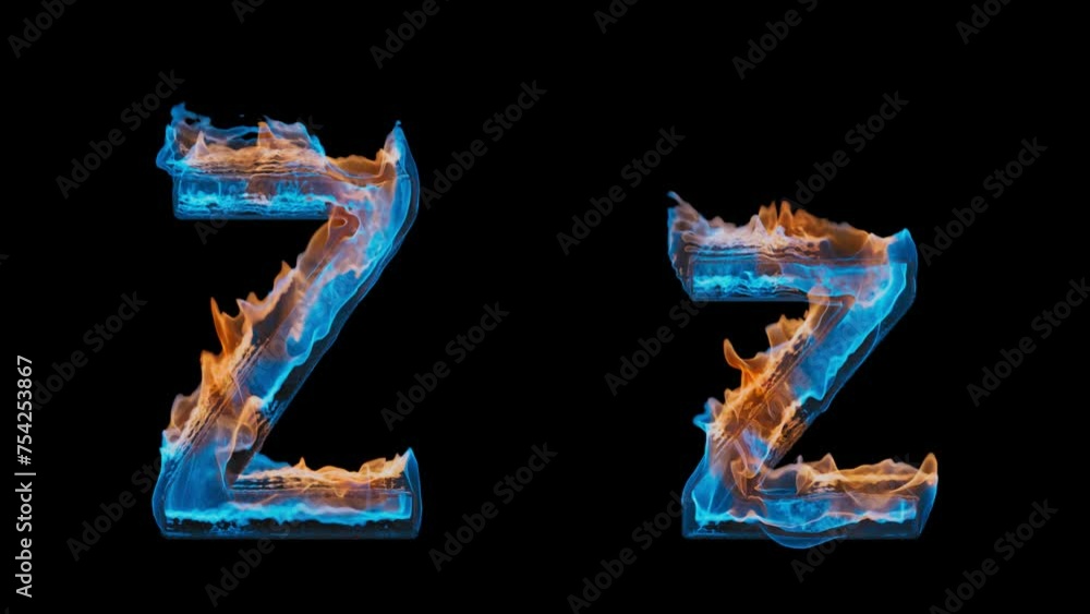 3D letter Z appears by fire. Flame, covering the letter, dances bright ...