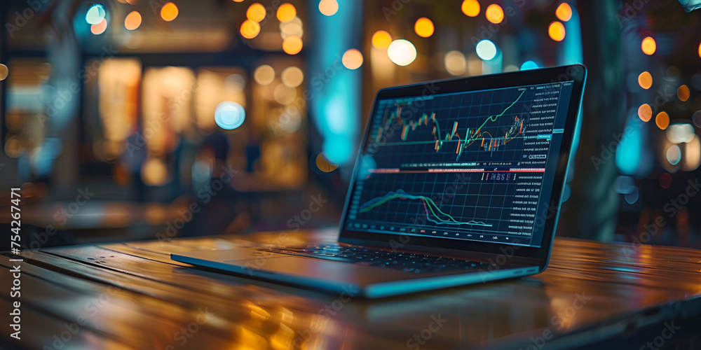 Stock ticker board wallpaper Stock Photographic Open laptop on the ...