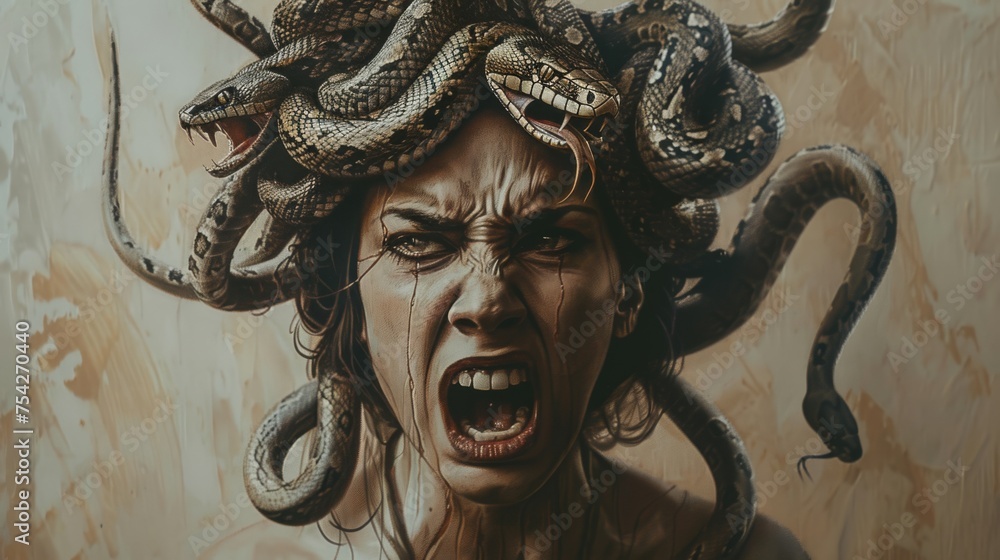 portrait of medusa gorgona - an angry woman with snakes on her head ...