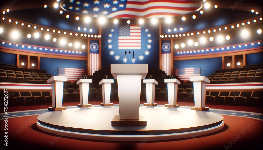 A rendered image of a presidential debate stage setup for the 2024 ...