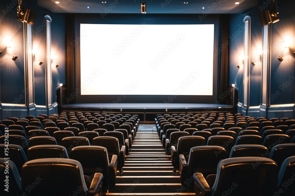 Movie cinema hall interior with rows of seats and white blank mockup ...
