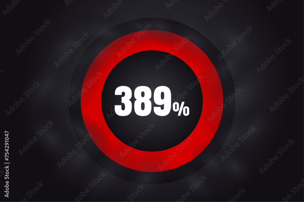 Loading 389% banner with dark background and red circle and white text ...