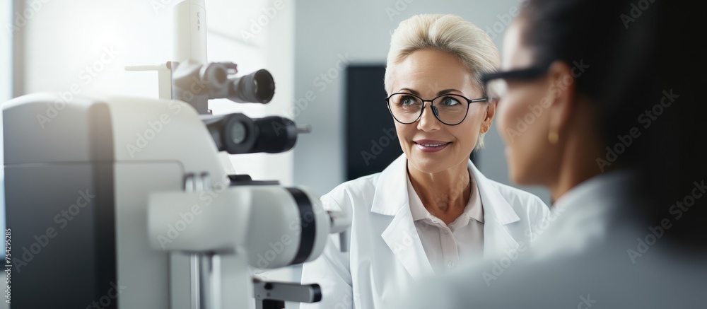 A senior woman optometrist wearing a white lab coat is focused on ...