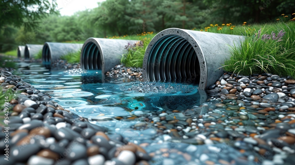 concrete sewer pipe under embankment with dirty sewage flooded ...