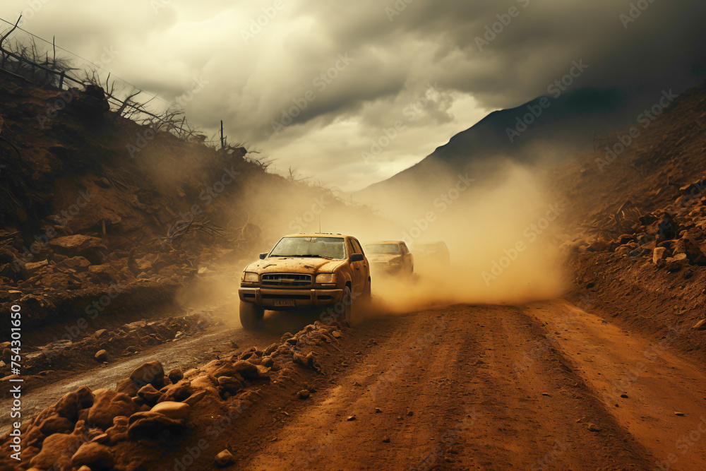 A bumpy, unpaved road surrounded by dust clouds, illustrating the ...