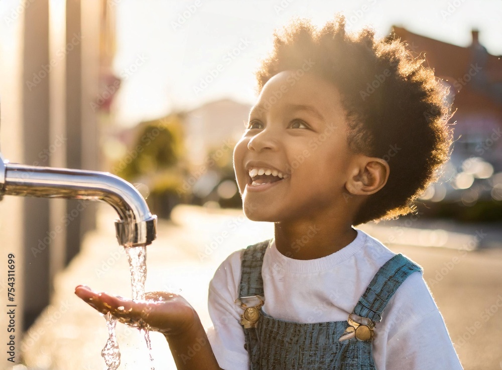 Happy African child drinking water from faucet on the street. The ...