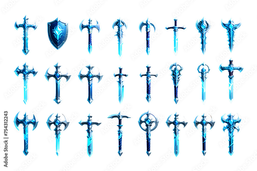A collection of game assets, weapon design icons. 2d game assets. types ...