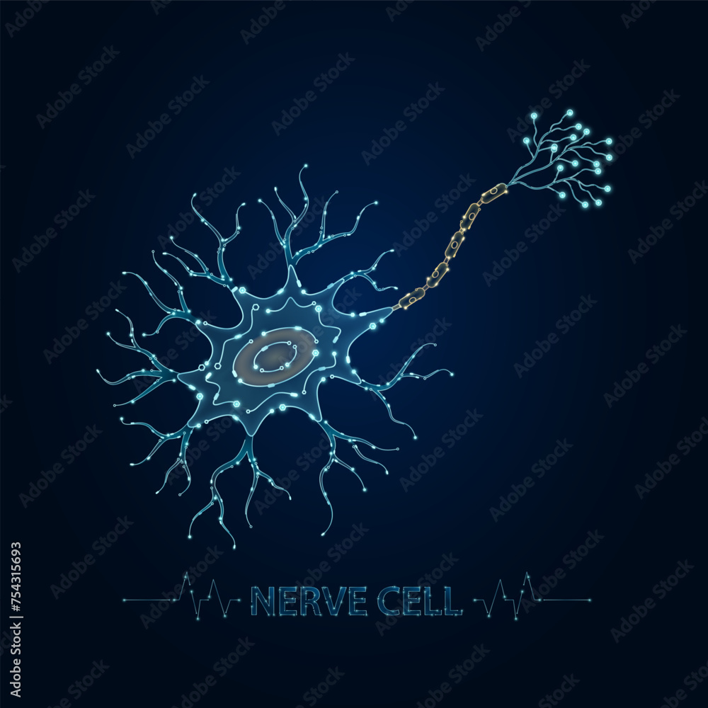 Nerve cell in electronic form glowing between information connecting ...