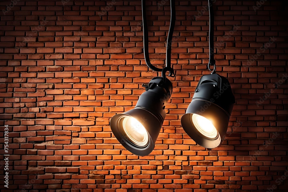 Hanging spotlight illuminate at brick wall background with copy space ...
