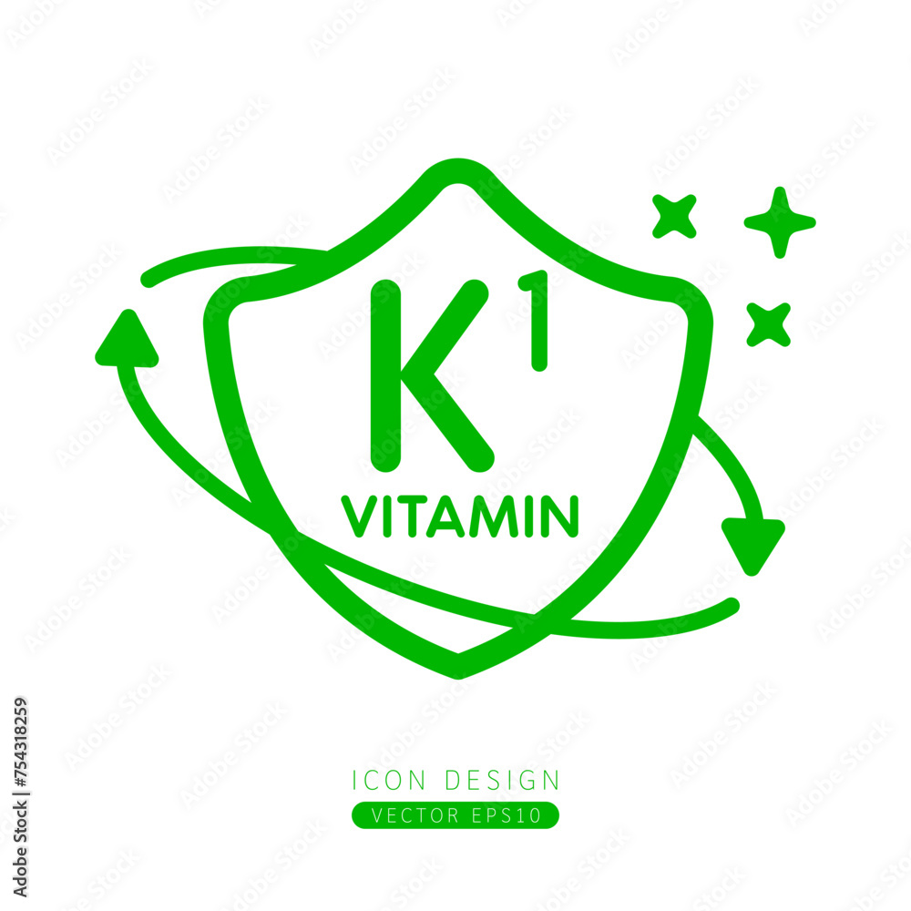 Vitamin K1 icon green in shield surrounded by arrows Isolated on a ...