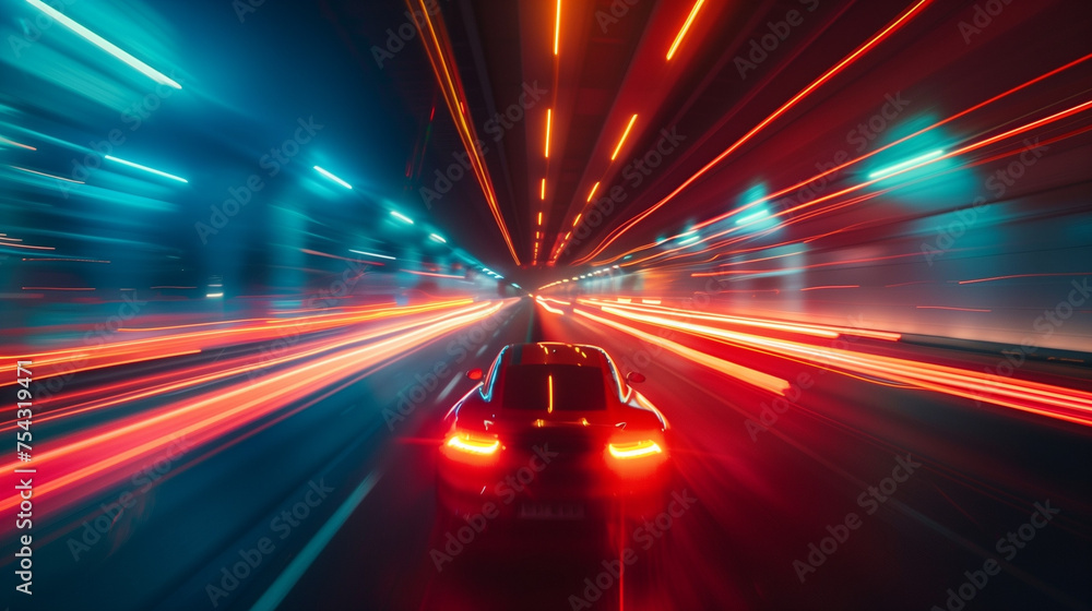 Modern futuristic car in movement. Cars lights on the road at night ...