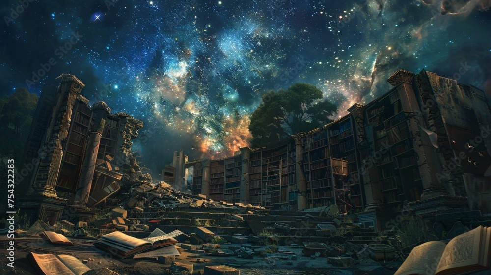 Ruins of an ancient library under the starlit sky where scrolls and ...