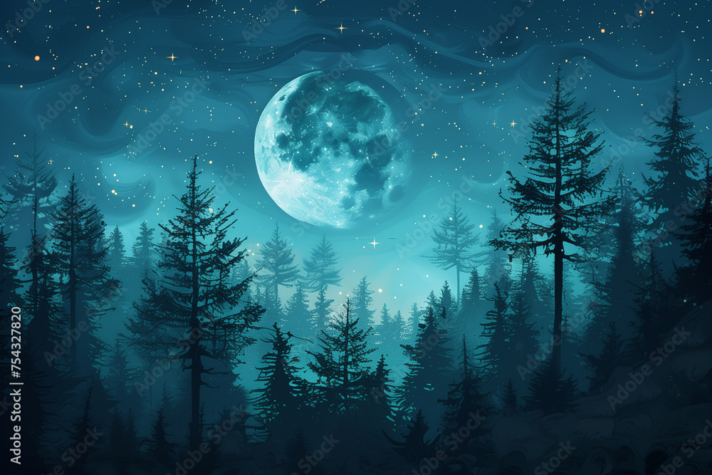 Pine forest at night on sky with moon and stars background in blue tones. AI Generative. Stock ...