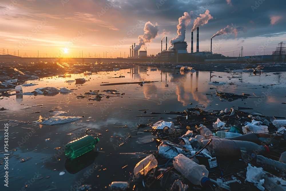 Industrial Sunset with Plastic Waste in Water, To raise awareness about ...