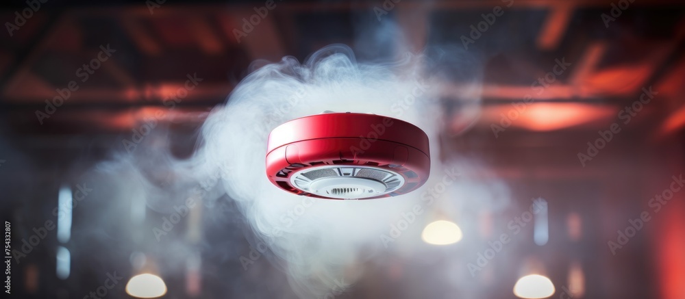 A red object is suspended in the air, emitting smoke. The smoke appears ...