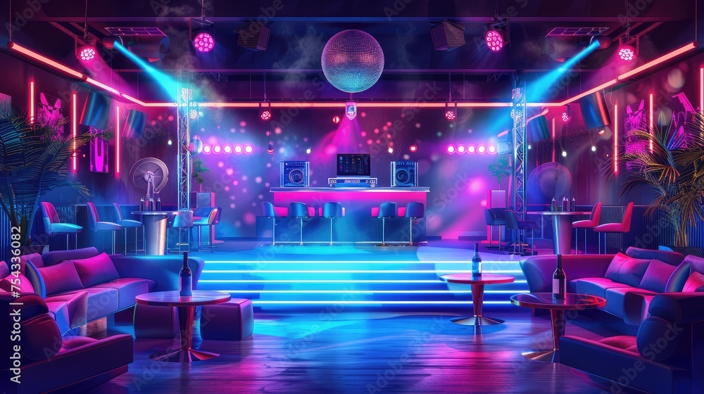 nterior of a nightclub with DJ stand and speakers in the arena, dance ...