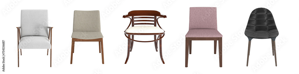 Five Armchair Set in front view, interior furniture on white background ...