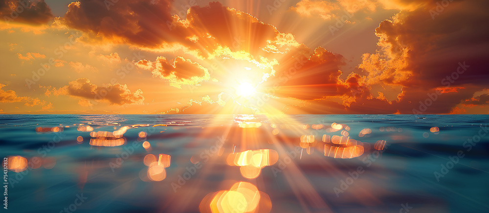 Amber sunlight beams through the clouds in the sky, creating a ...